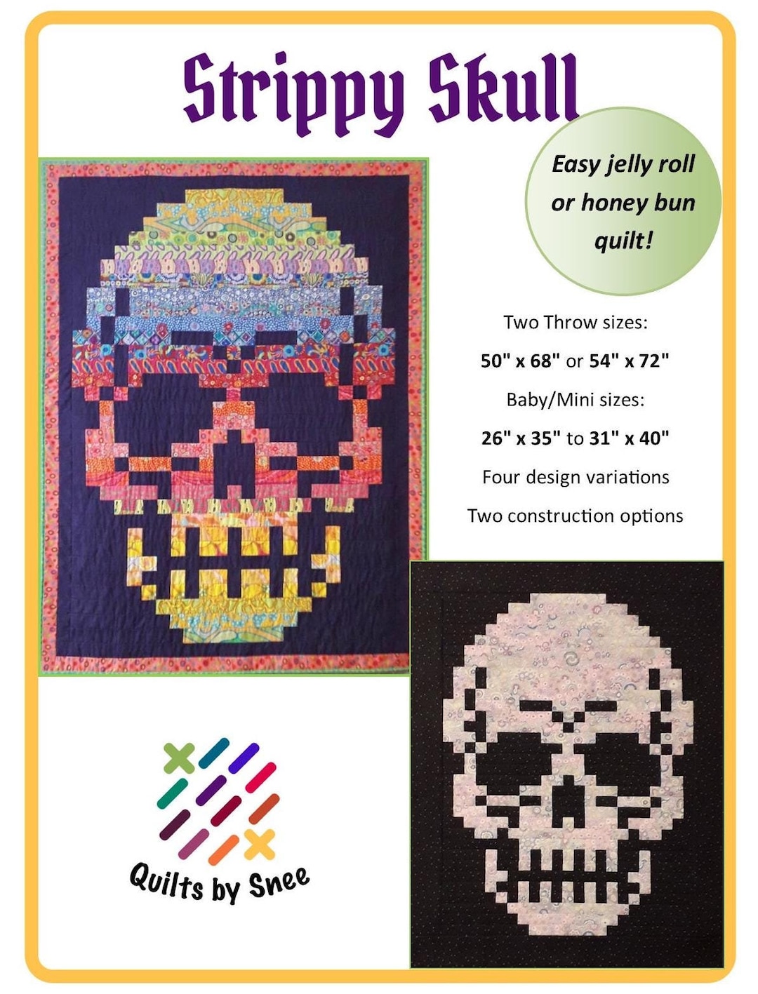 Strippy Skull Quilt PDF Pattern for Jelly Rolls or Honey Buns. Two ...