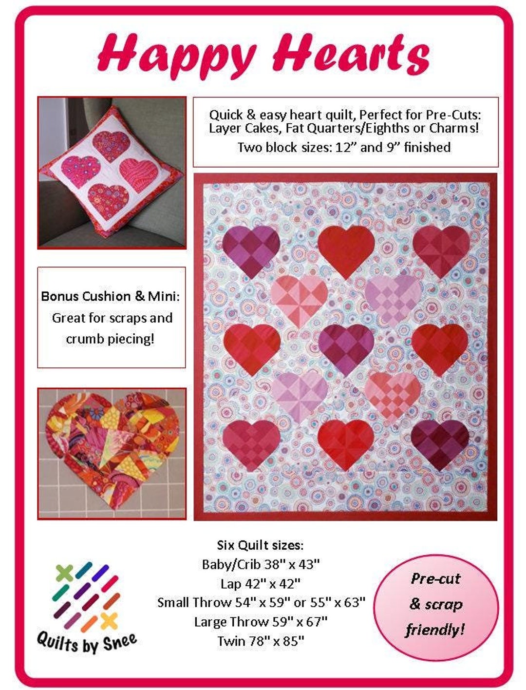 Happy Hearts Quilt: Digital Pattern in Six Sizes With Bonus Pillow ...