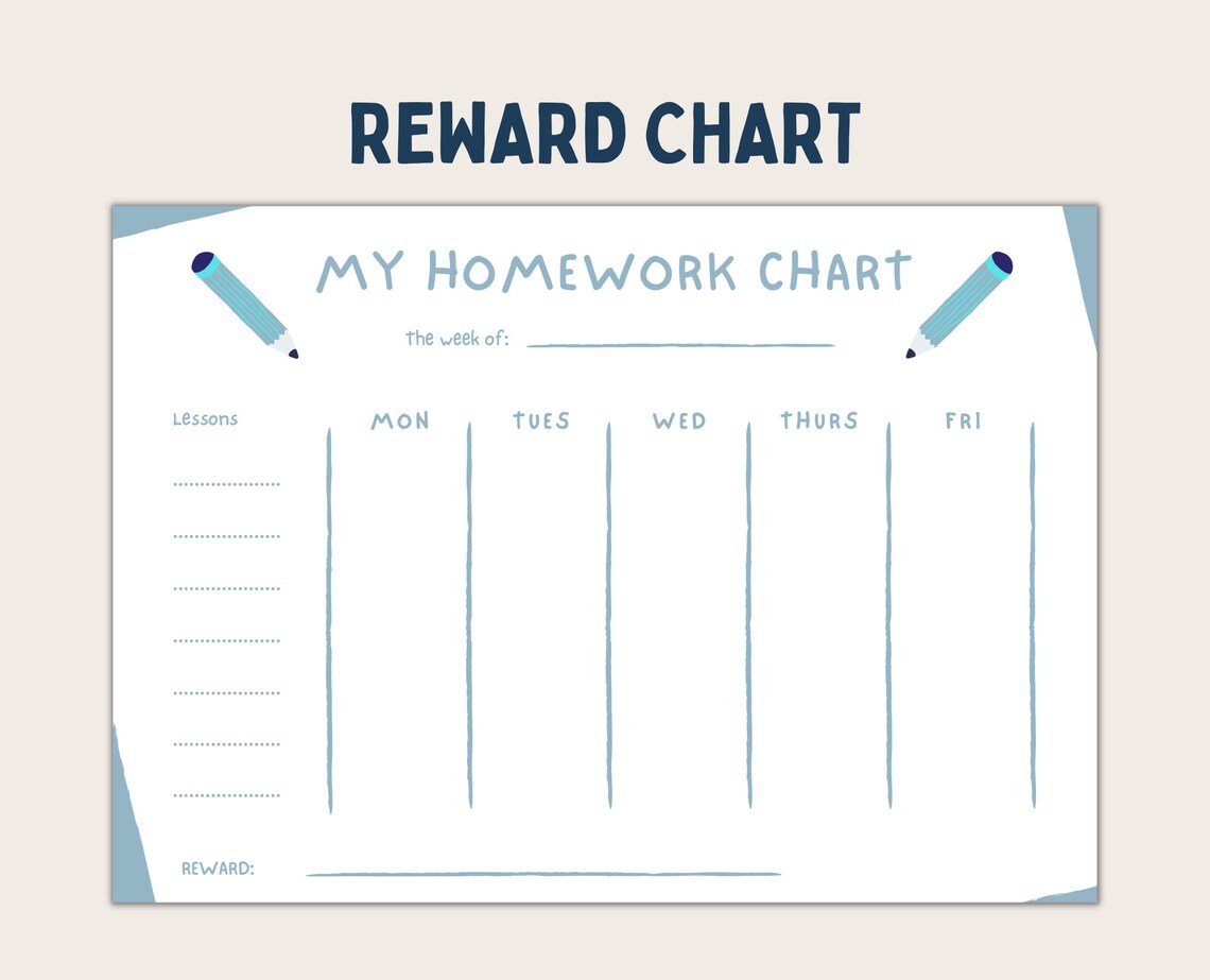 Printable Homework Reward Chart, Daily and Weekly Homework Chart - Etsy