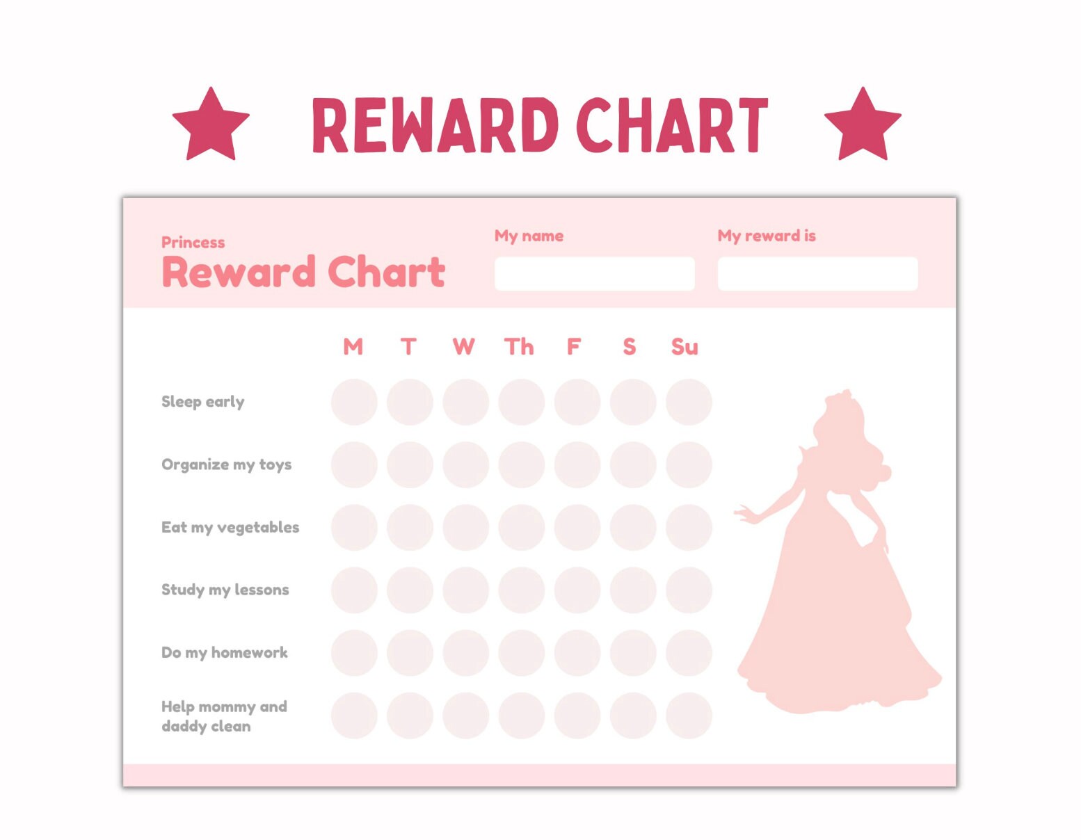 Princess Printable Reward Chart, Daily Chore Chart for Kids - Etsy