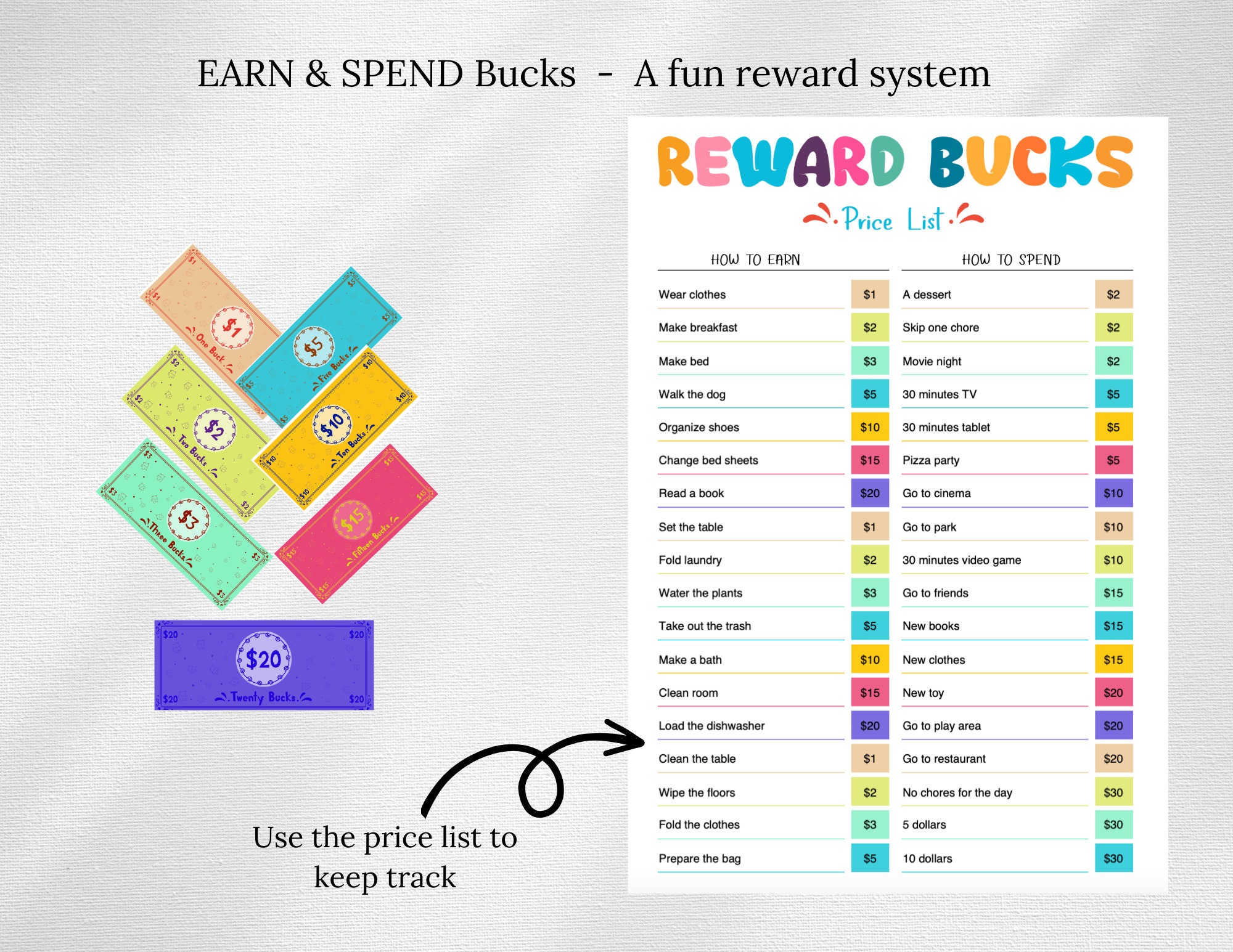 Printable Kids Reward Bucks, Earn Money Chart, Behavior Bucks - Etsy