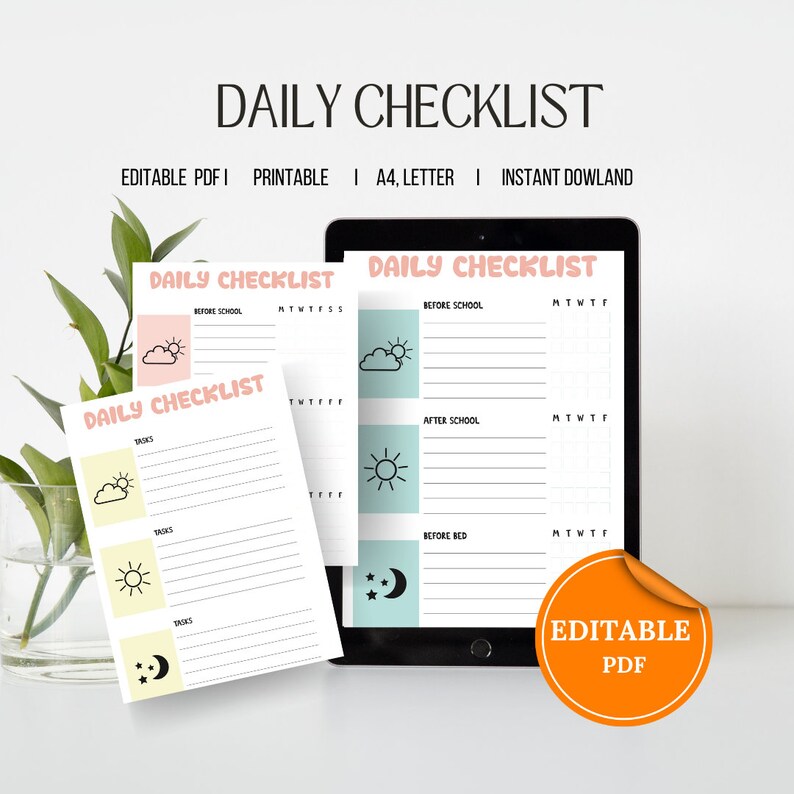 Editable and Printable Daily Checklist for Kids, School Day Checklist ...
