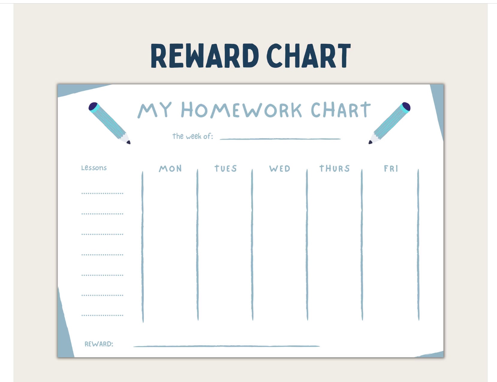 Printable Homework Reward Chart, Daily and Weekly Homework Chart - Etsy