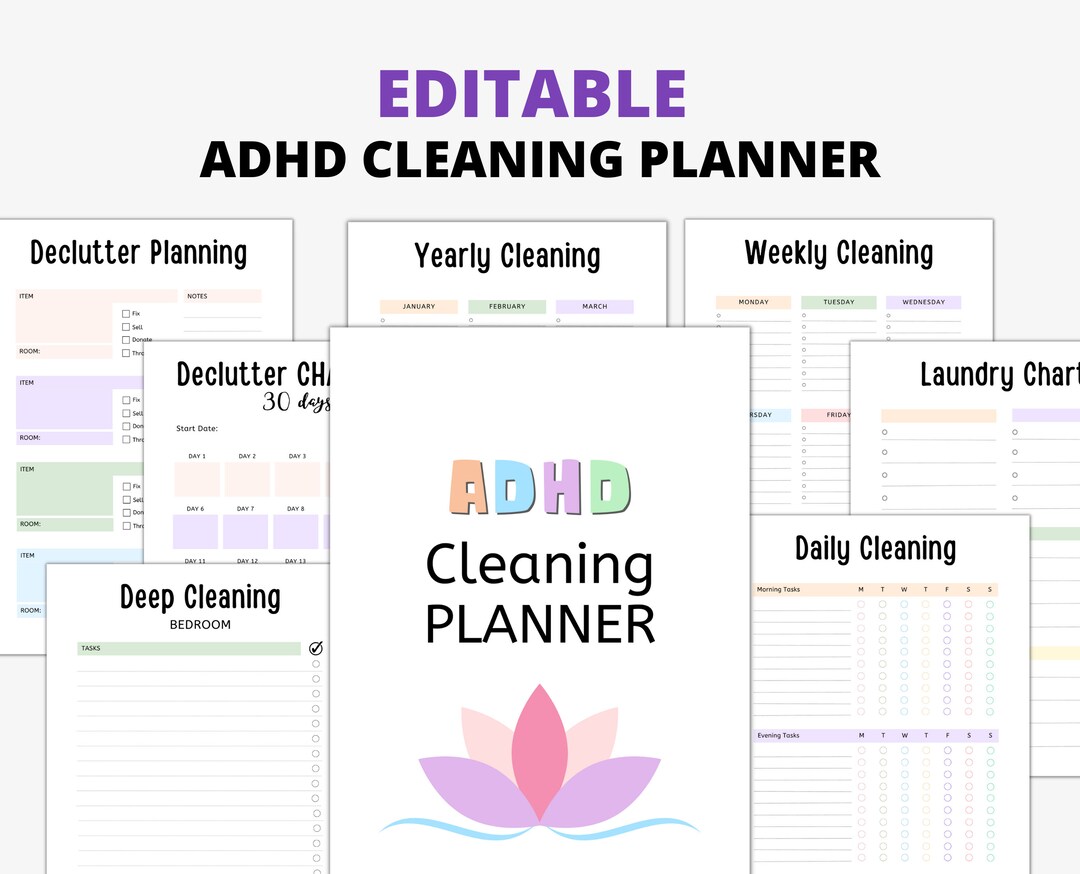 Editable ADHD Cleaning Planner Bundle, Daily, Weekly, Monthly (digital ...