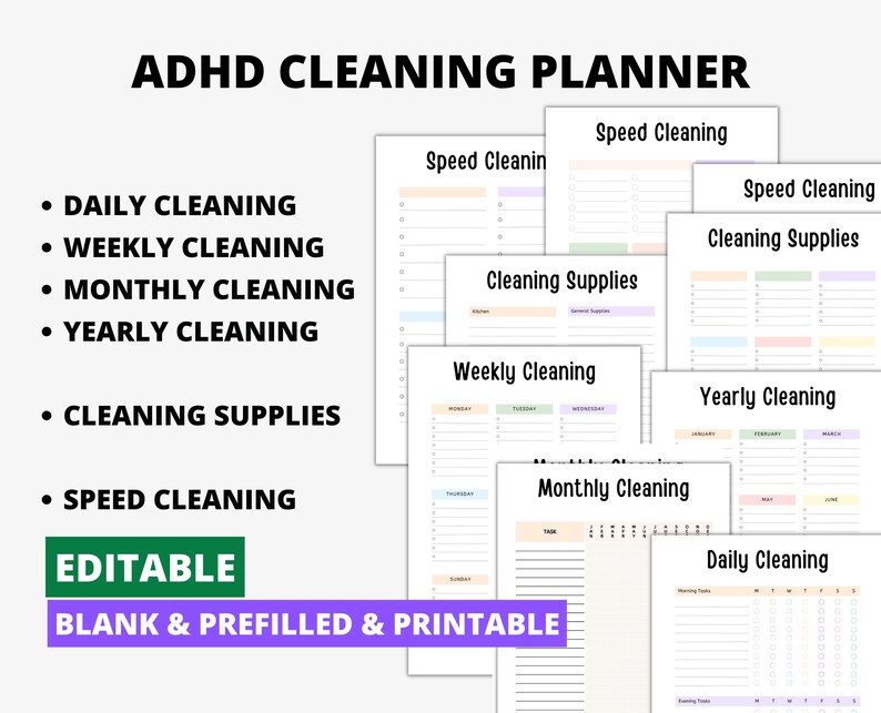 Editable ADHD Cleaning Planner Bundle, Digital Daily Weekly Monthly ...