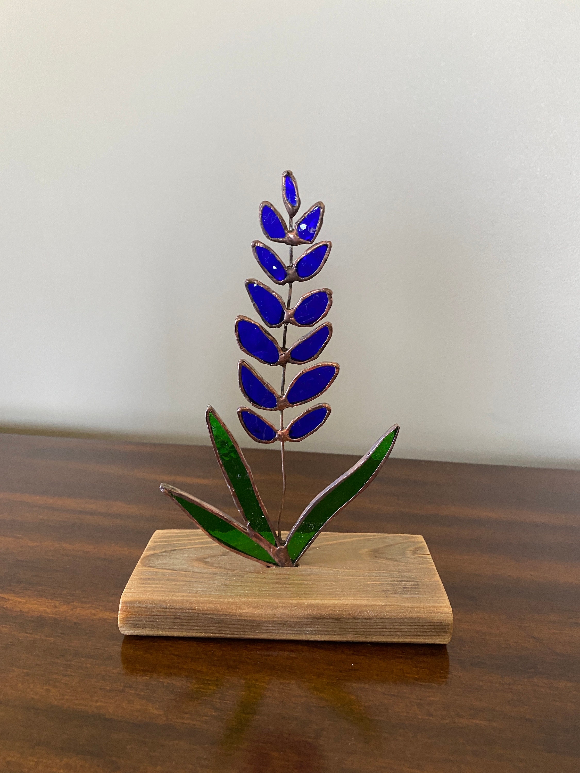 Stained Glass Lupin Bluebonnet Flowers Inlaid on Wooded Base 10 Colours ...