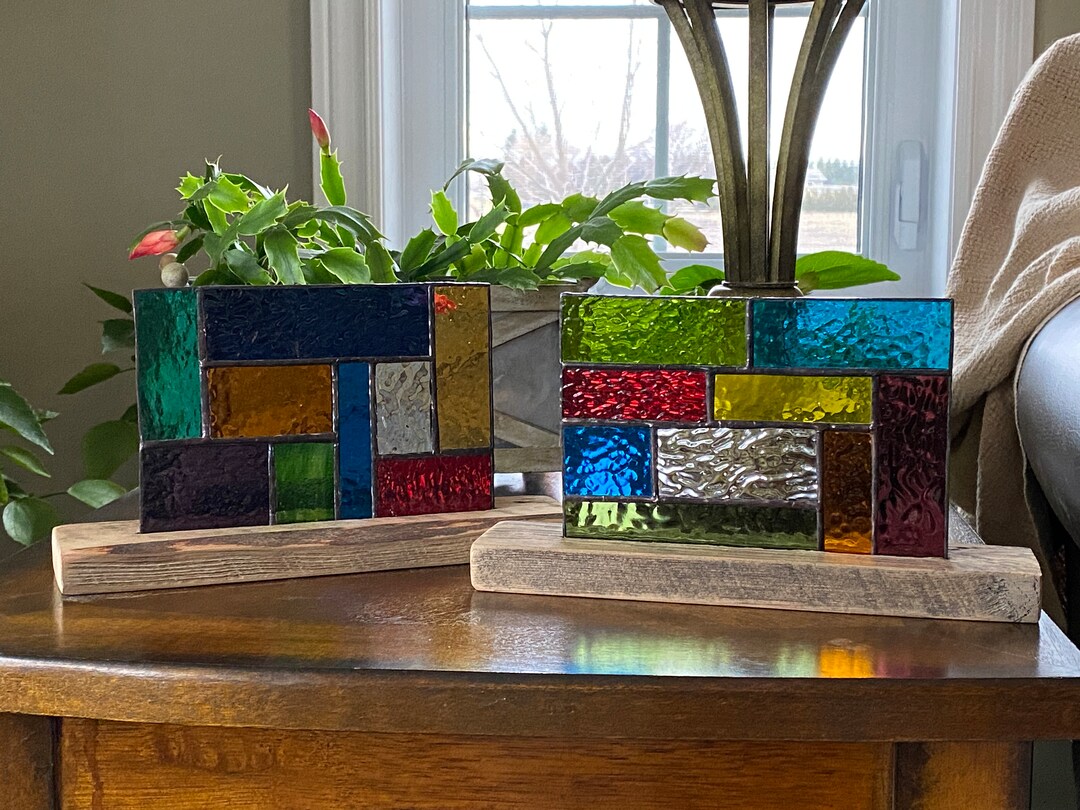 Stained Glass Panel on Reclaimed Wood: Geometric Table Decor - 8 ...