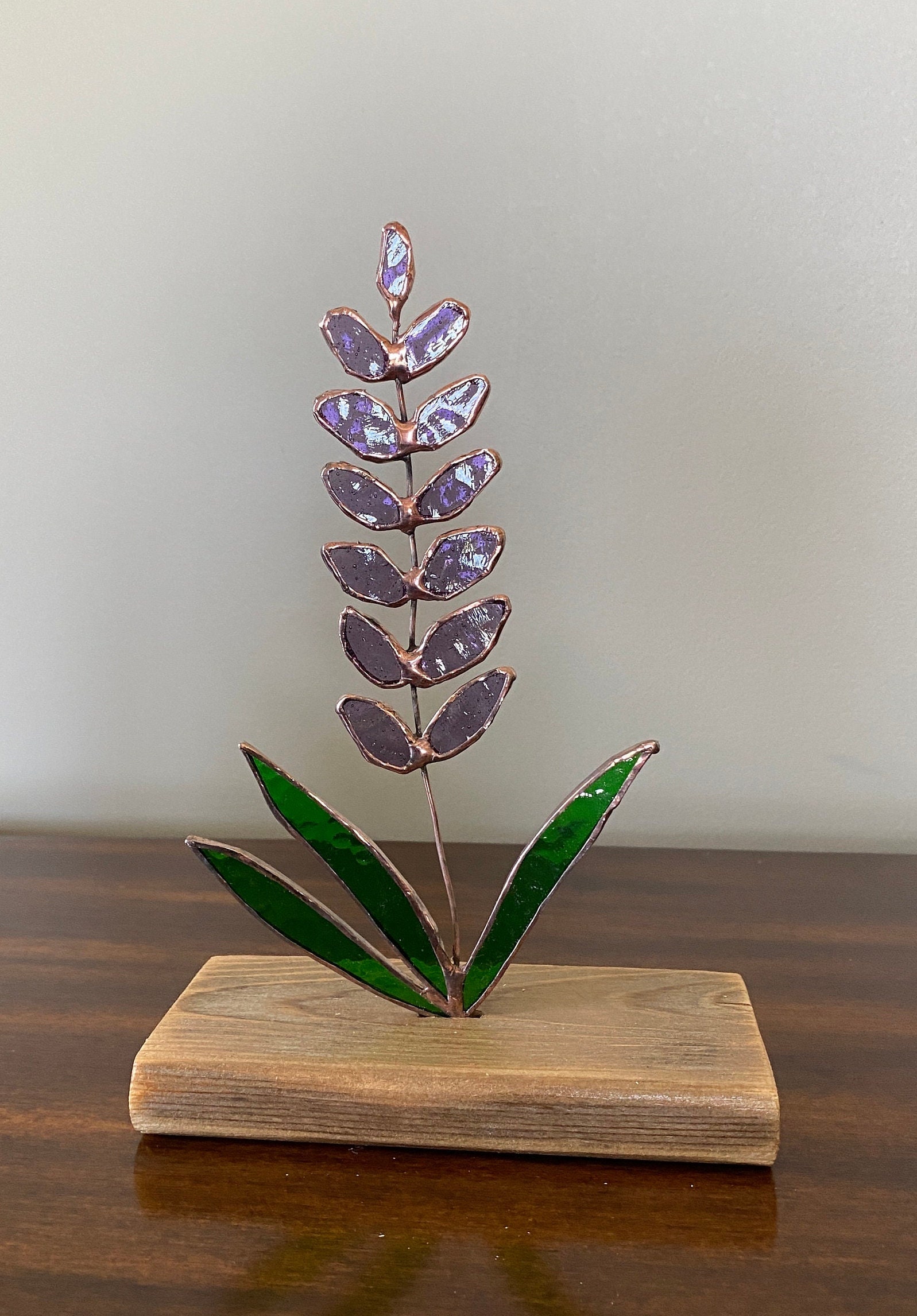 Stained Glass Lupin Bluebonnet Flowers Inlaid on Wooded Base 10 Colours ...