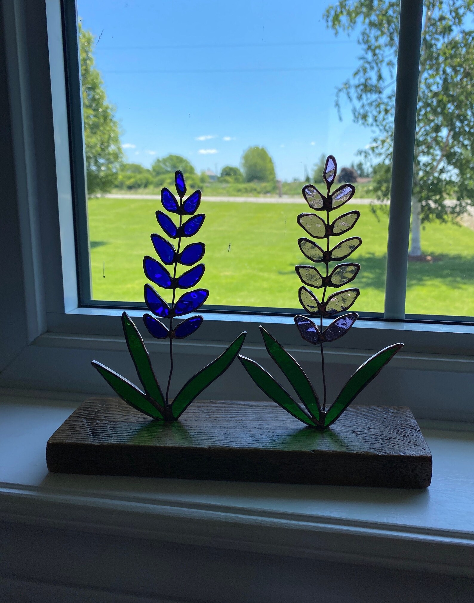Stained Glass Lupin Bluebonnet Flowers Inlaid on Wooded Base - Over 10 ...