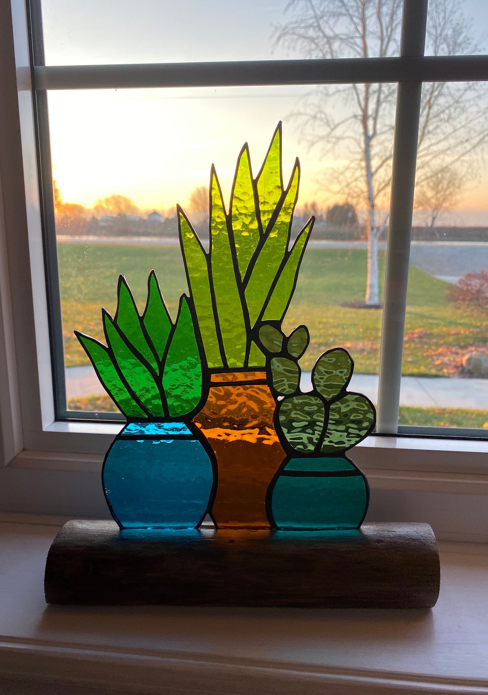 Stained Glass Panel of Three Cacti & Aloe in Clay Pots Inlaid on ...