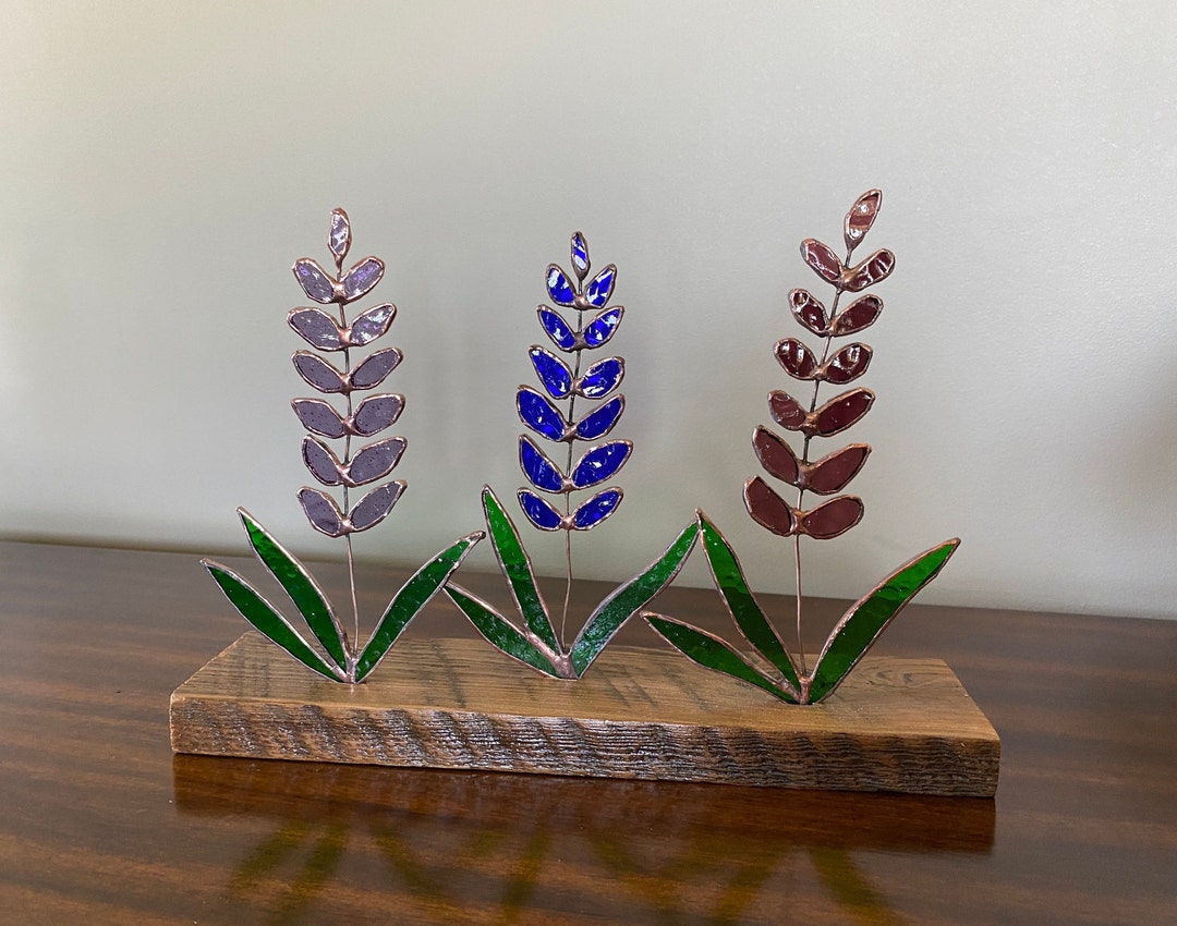 Stained Glass Lupin Bluebonnet Flowers Inlaid on Wooded Base - Over 10 ...