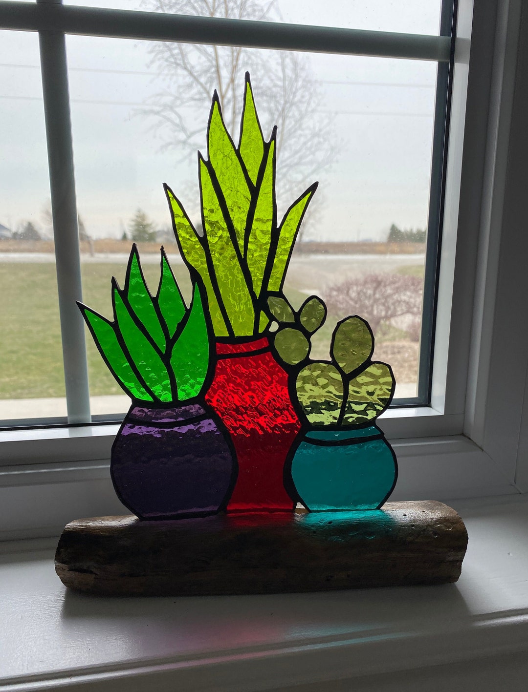 Stained Glass Panel of Three Cacti & Aloe in Clay Pots Inlaid on ...
