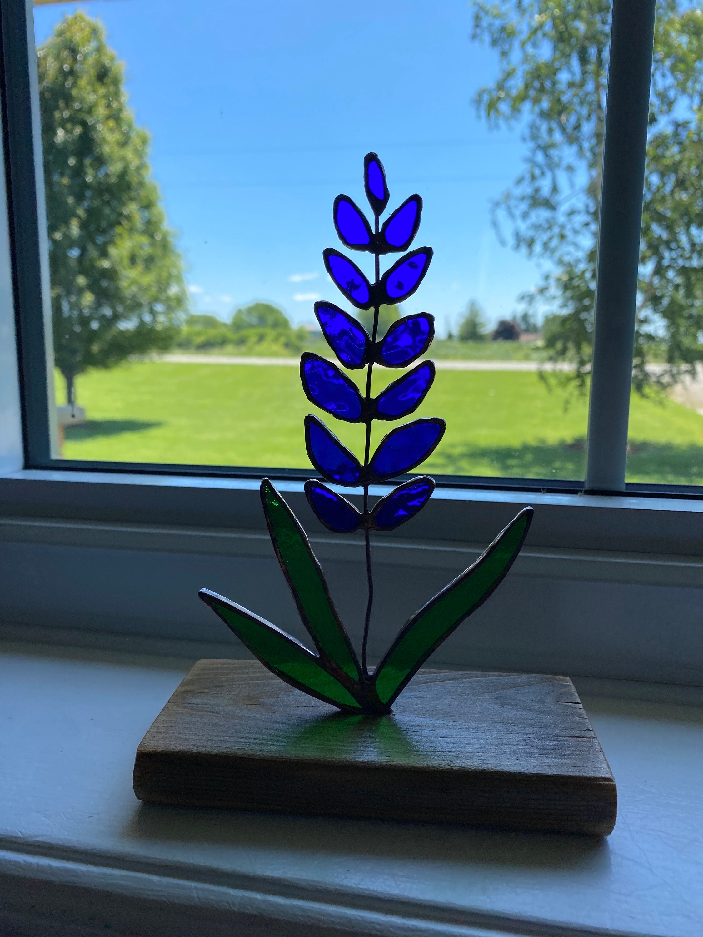 Stained Glass Lupin Bluebonnet Flowers Inlaid on Wooded Base - Over 10 ...