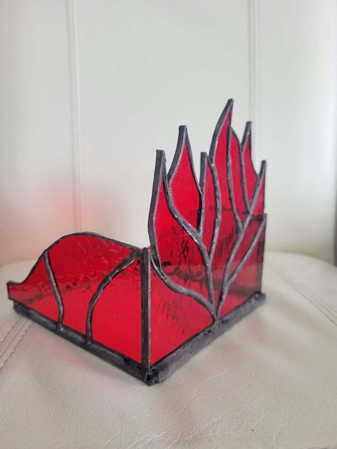 Free Standing Stained Glass Fire Design Candle Holder, Red Flame ...