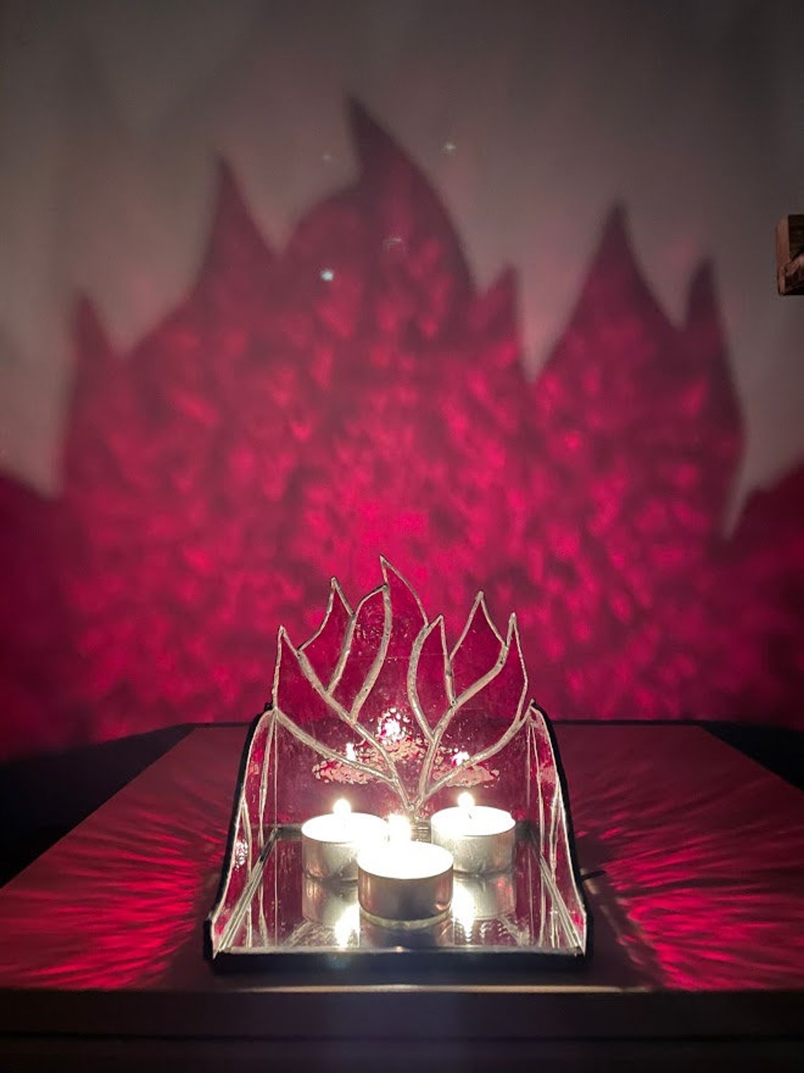 Free Standing Stained Glass Fire Design Candle Holder, Red Flame ...