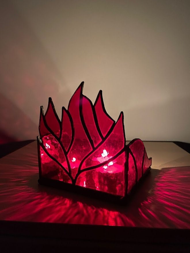 Free Standing Stained Glass Fire Design Candle Holder, Red Flame ...