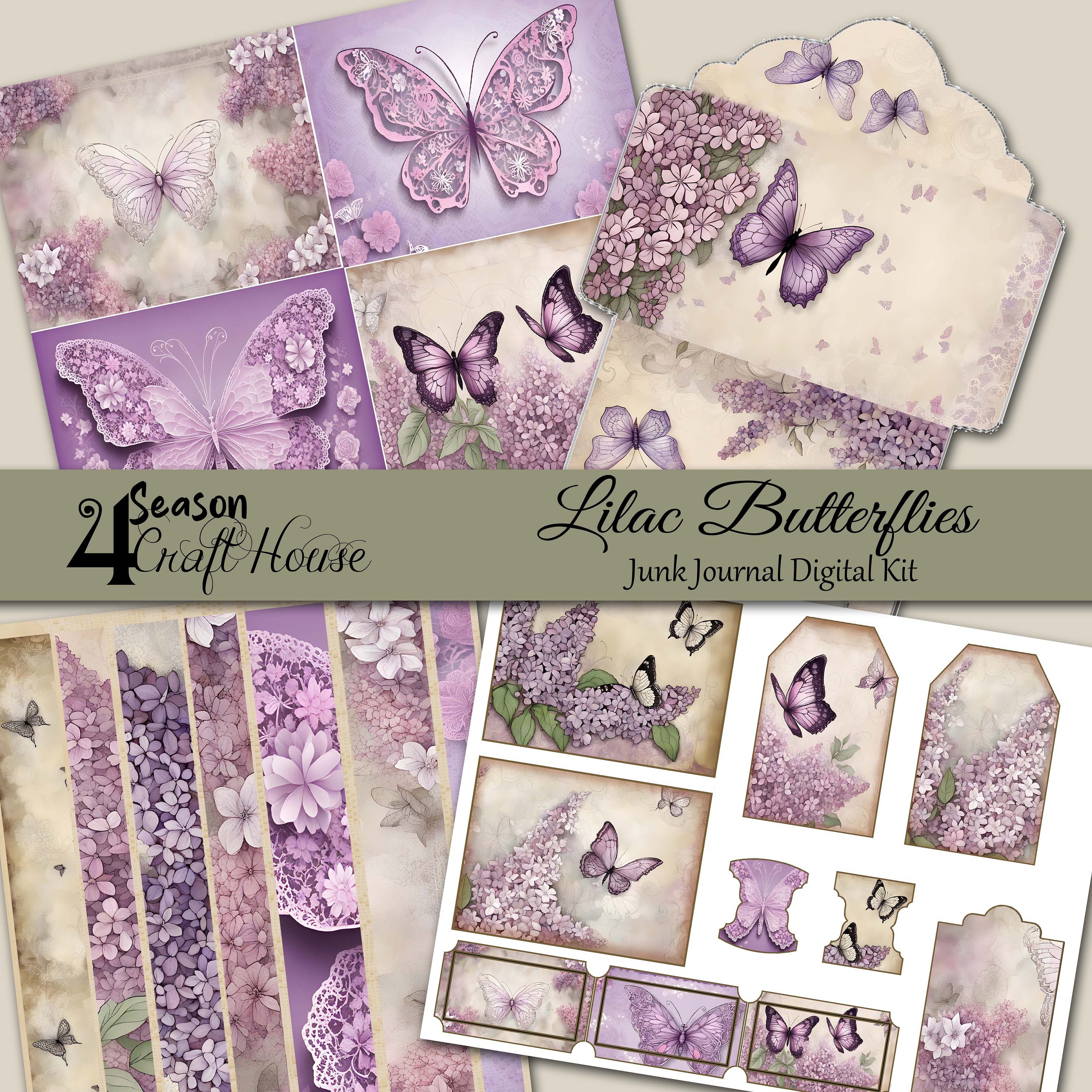 Paper, Lilacs, and Butterflies, Junk Journal Digital Kit With Ephemera ...
