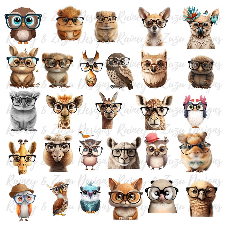 Cute Animals Wearing Eyeglasses Clipart Collection,digital Download ...