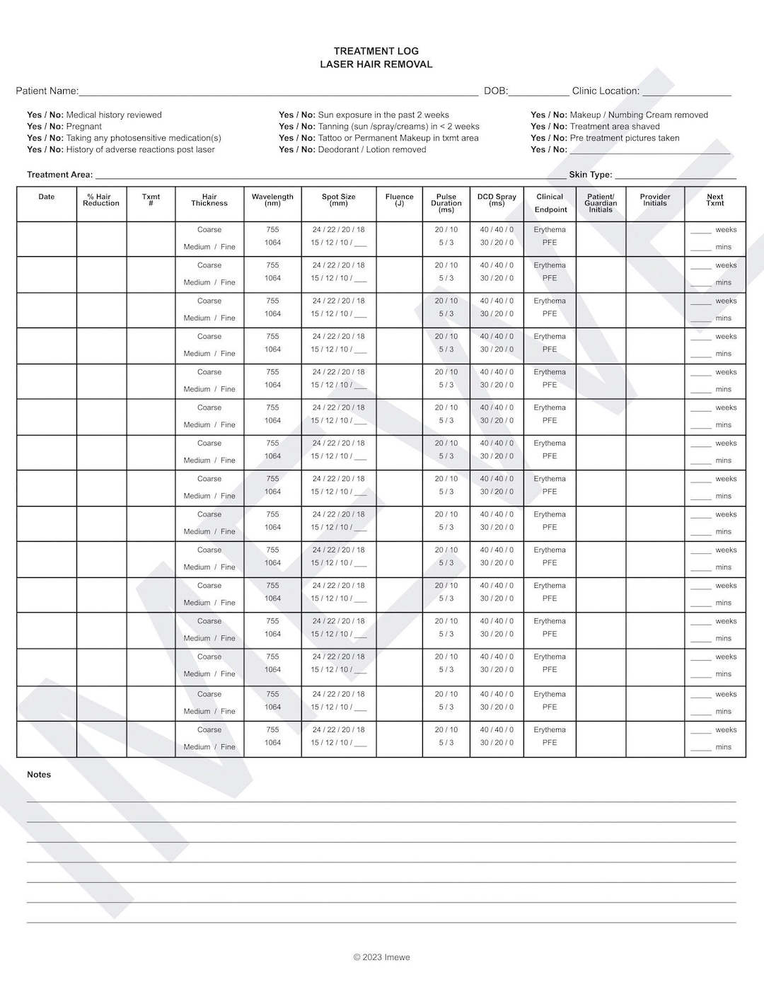 Laser Hair Removal Treatment Log PDF - Candela Gentlemax Pro® - Etsy