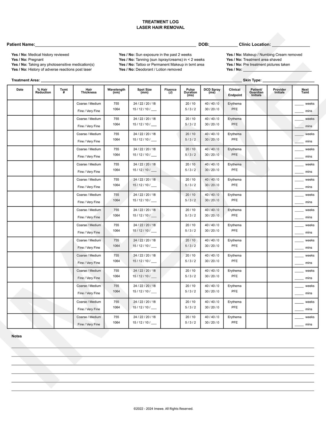 Laser Hair Removal Treatment Log PDF - Candela Gentle Max Pro Plus - Etsy