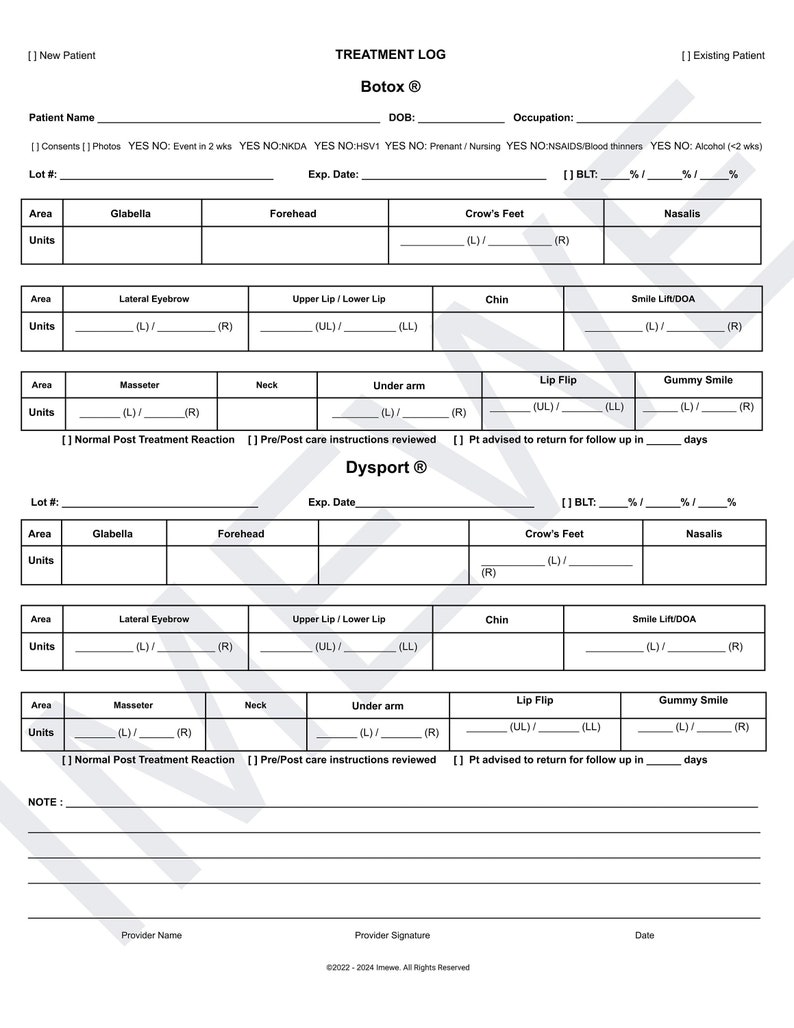 Botox ® & Dysport ® Treatment Log - Etsy