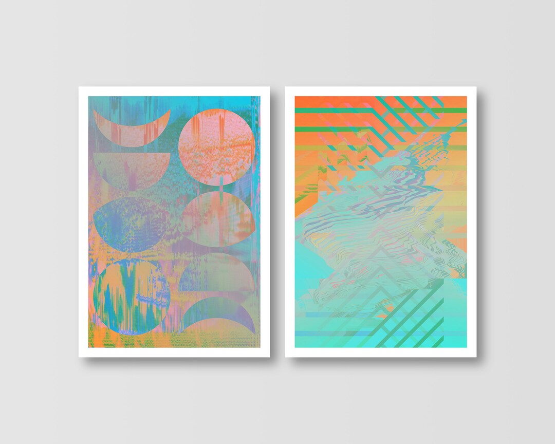 Pair of Abstract Geometric Glitch Wall Art Prints - Moon Phases ...