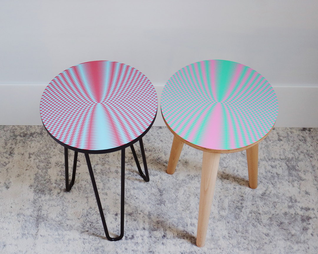 Warped Checkerboard Artwork Round Side / End / Coffee / Bedside Table ...