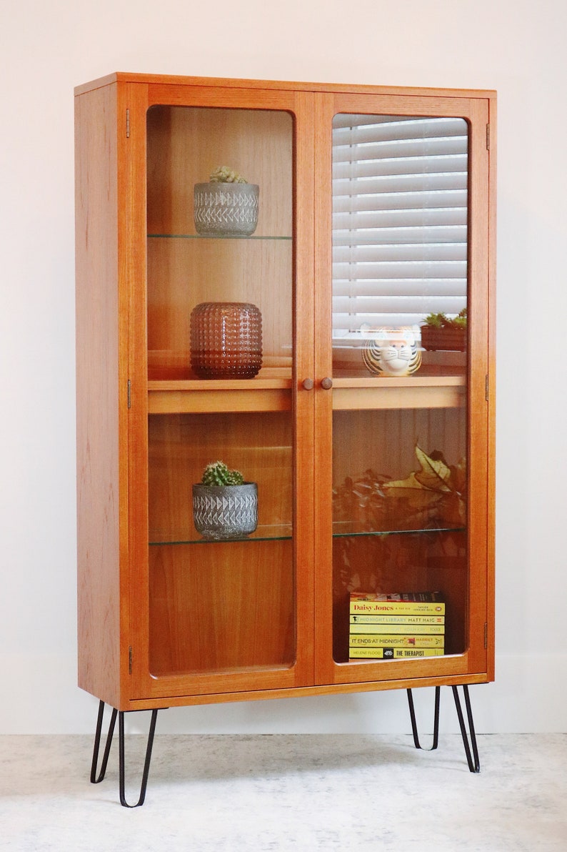 Teak & Glass Upright Display Cabinet / Bookcase on Black Metal Hairpin ...