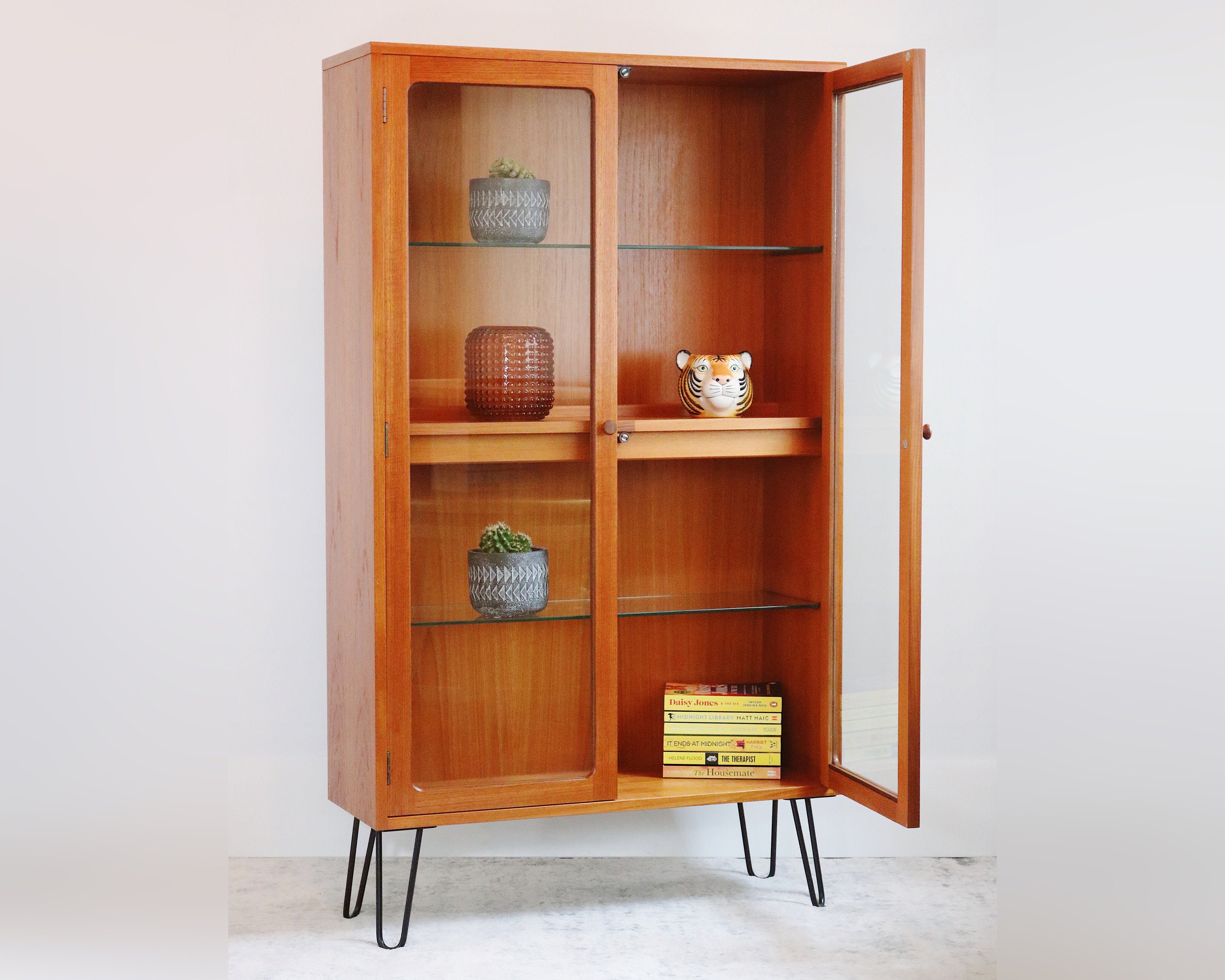 Teak & Glass Upright Display Cabinet / Bookcase on Black Metal Hairpin ...