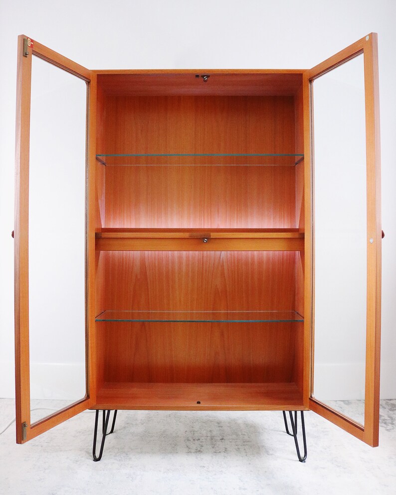 Teak & Glass Upright Display Cabinet / Bookcase on Black Metal Hairpin ...