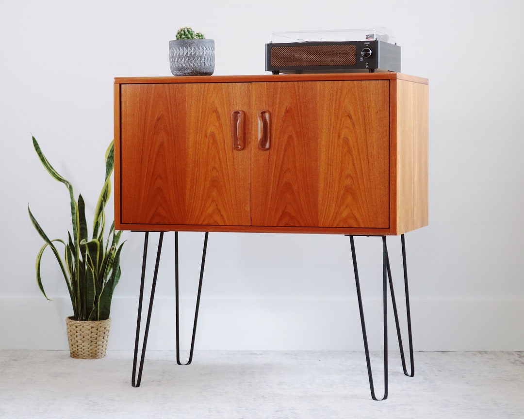 Mid Century Modern Record LP Cabinet / Cupboard on Tall Black Hairpin ...