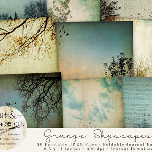 Grunge SKYSCAPES Printable Artist Journal Papers, Vintage Skies Trees ...