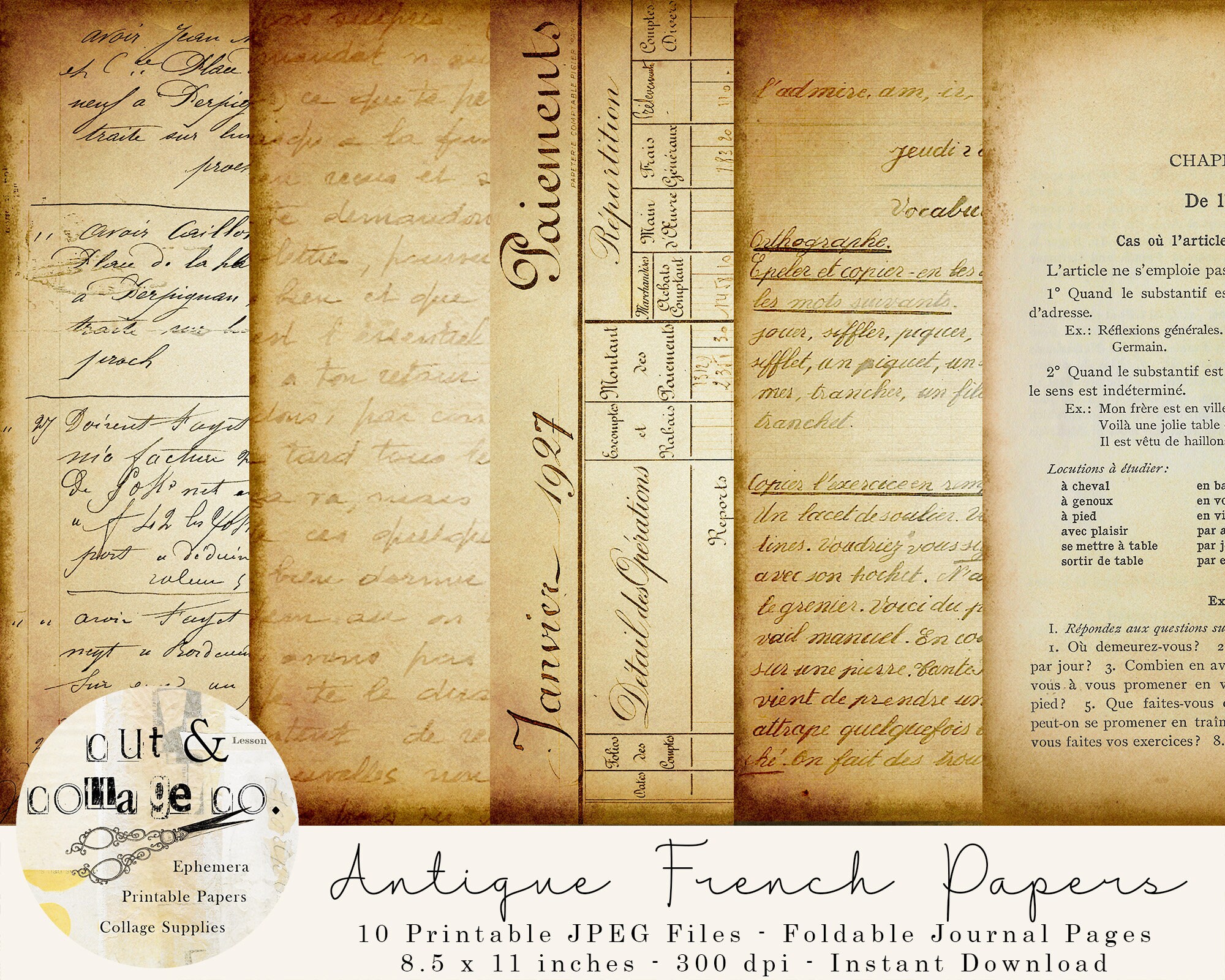 Antique French Papers, 10 Printable JPEG Journal Pages, Foldable ...