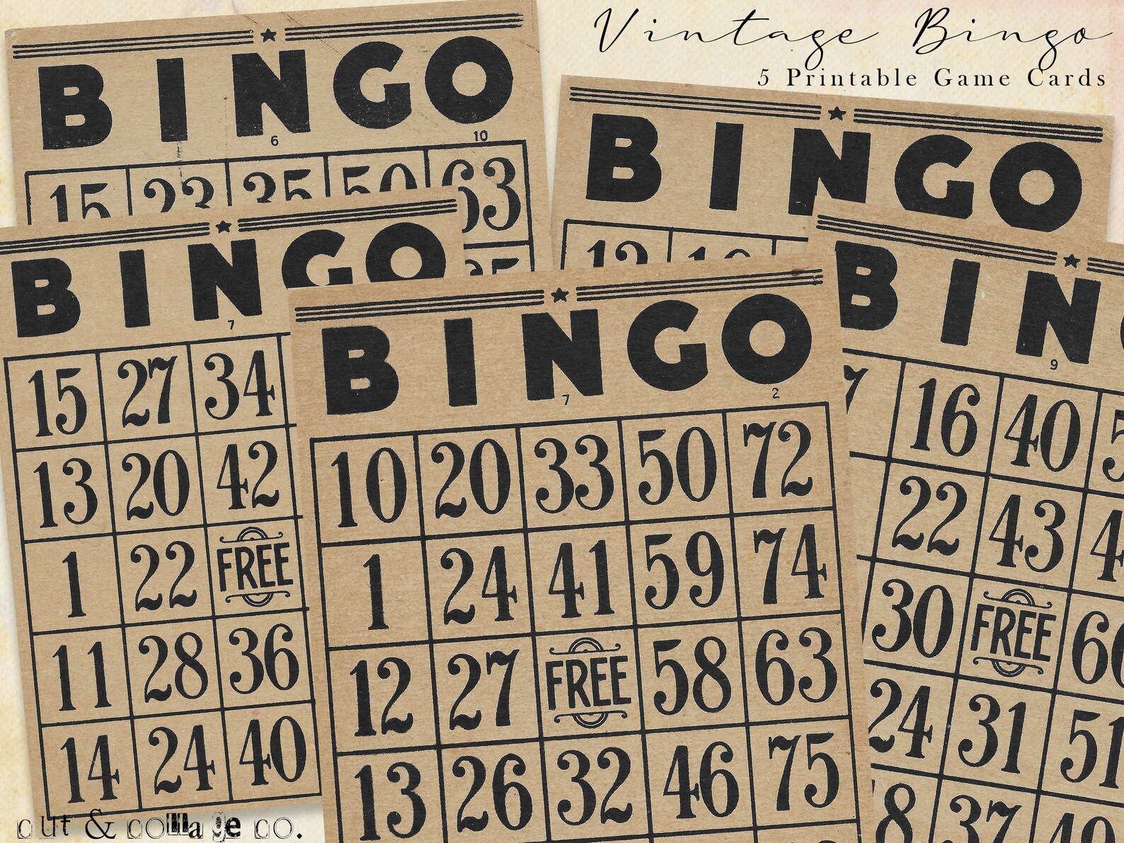 Vintage Printable Aged BINGO Game Cards 5 Designs for Junk - Etsy
