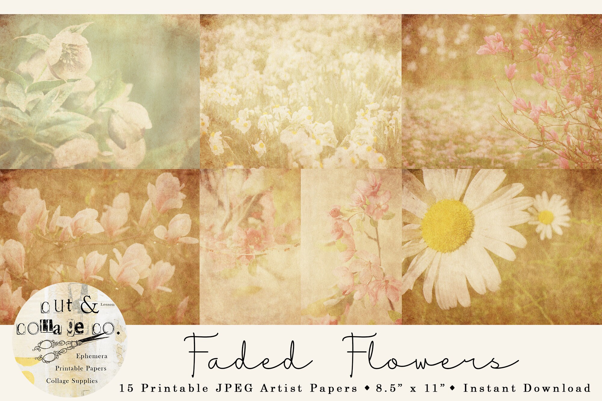 Faded Flowers, 15 Printable JPEG Artist Papers, Distressed Floral Paper ...