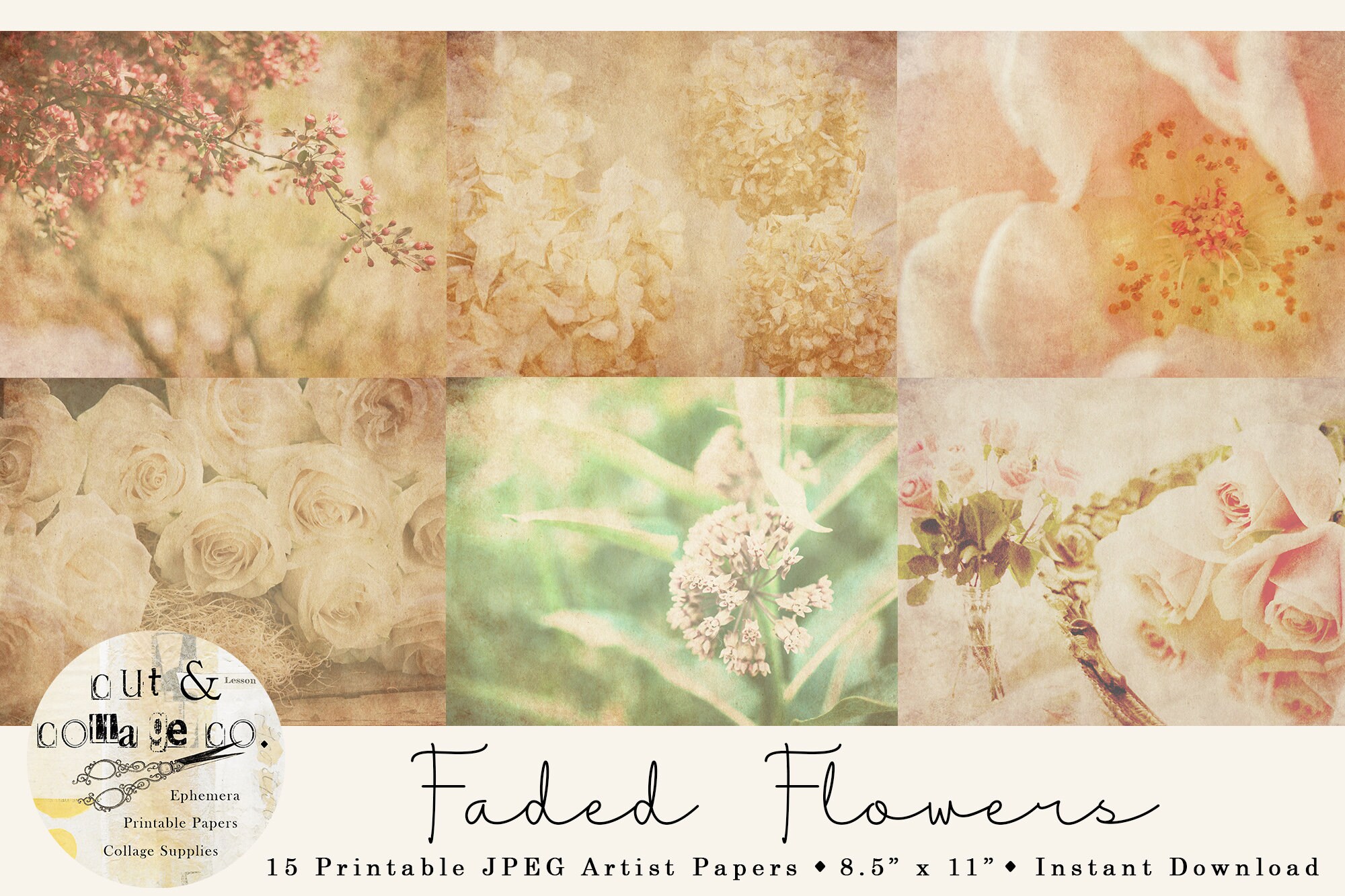 Faded Flowers, 15 Printable JPEG Artist Papers, Distressed Floral Paper ...