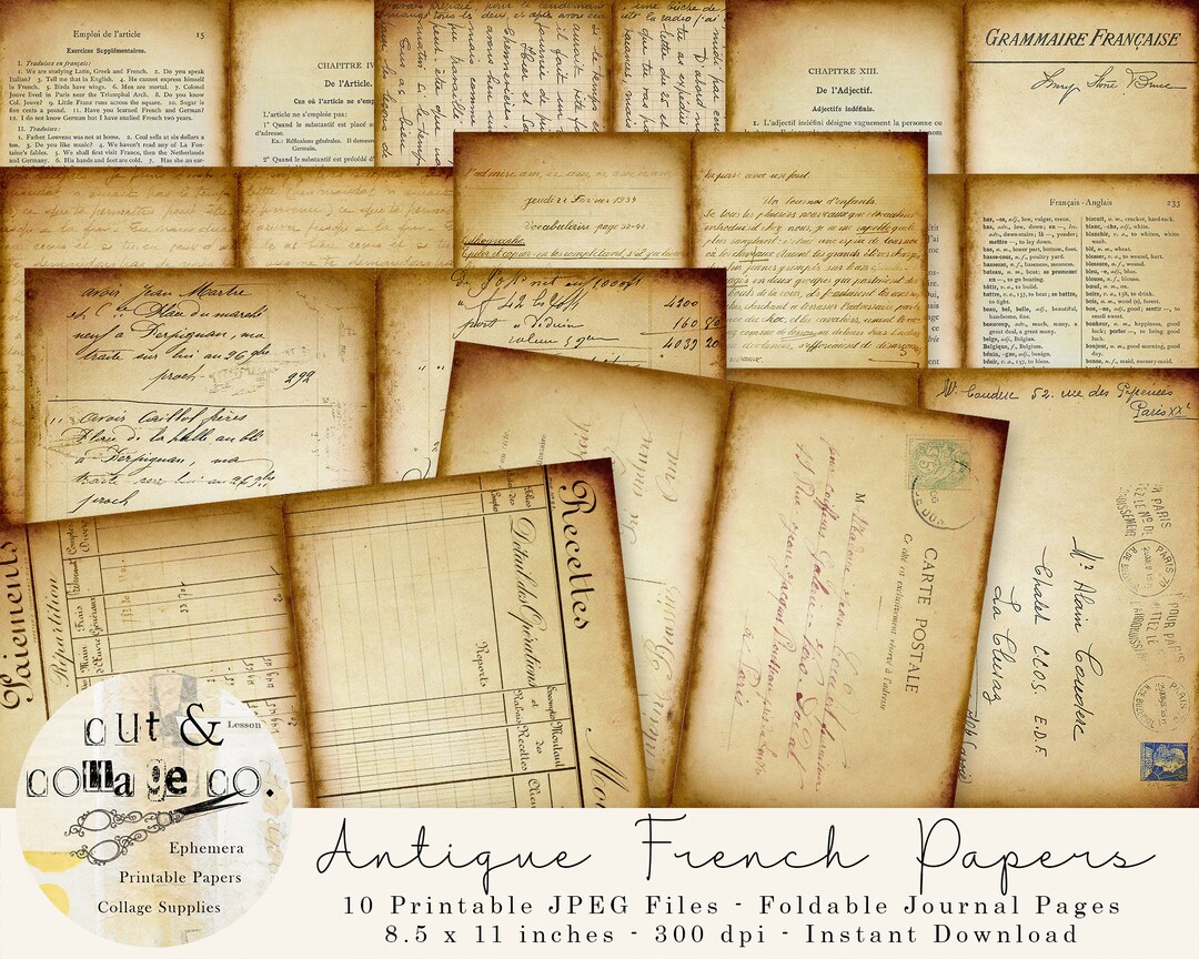 Antique French Papers, 10 Printable JPEG Journal Pages, Foldable ...
