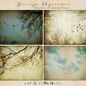 Grunge SKYSCAPES Printable Artist Journal Papers, Vintage Skies Trees ...