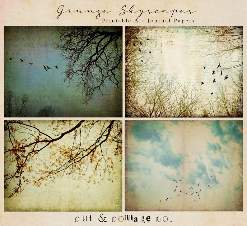 Grunge SKYSCAPES Printable Artist Journal Papers, Vintage Skies Trees ...