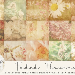 Faded Flowers, 15 Printable JPEG Artist Papers, Distressed Floral Paper ...