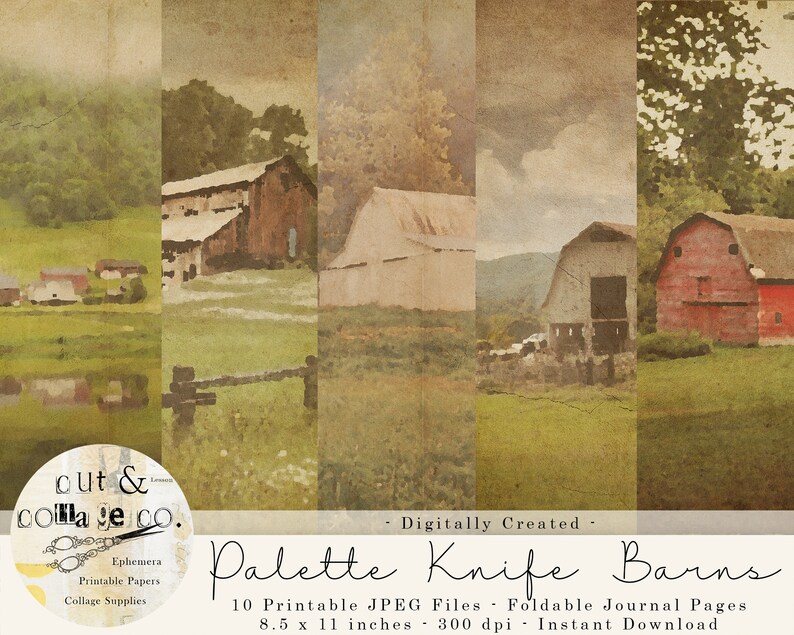 Palette Knife Barns, 10 Printable JPEG Journal Pages, Digitally Created ...