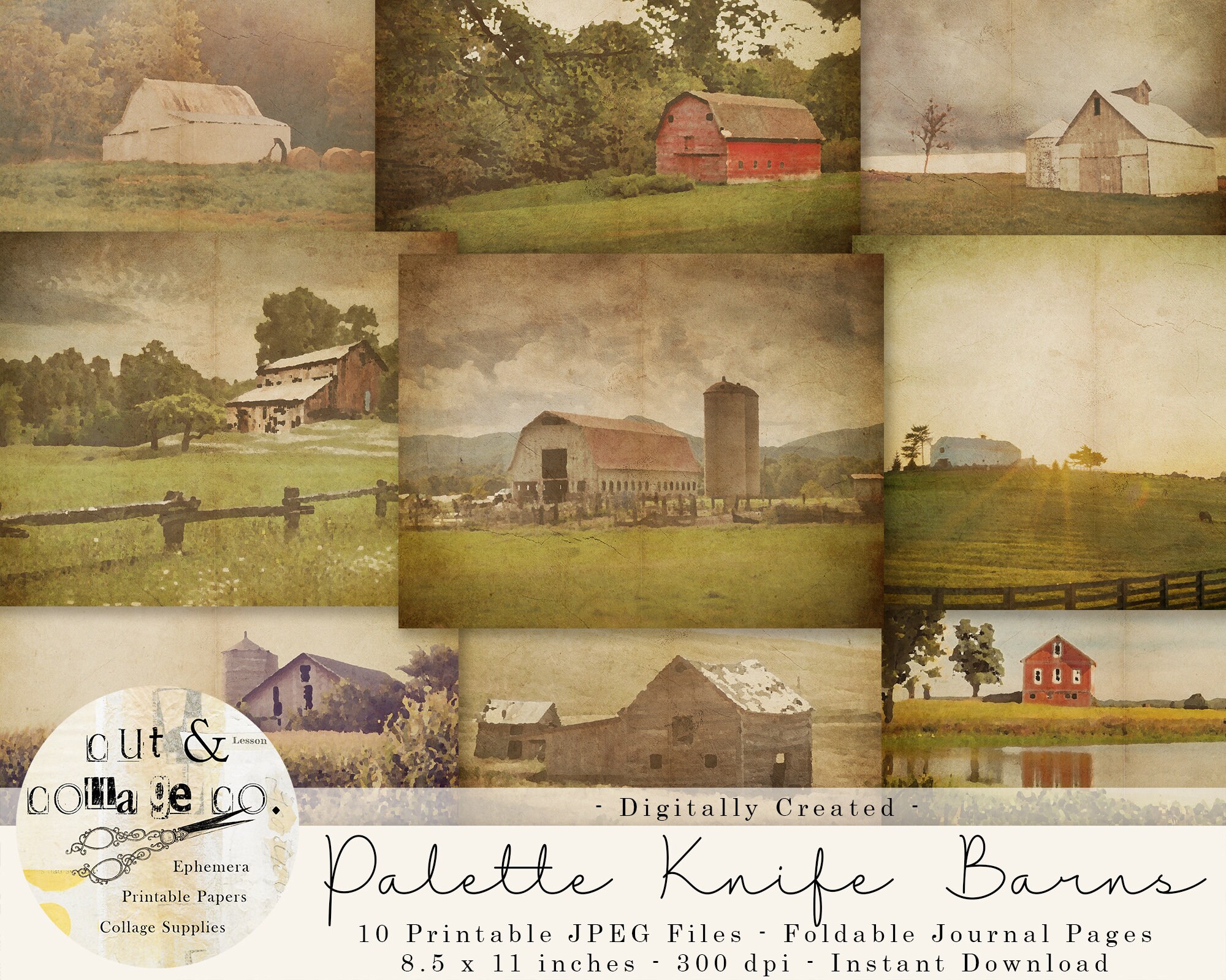Palette Knife Barns, 10 Printable JPEG Journal Pages, Digitally Created ...