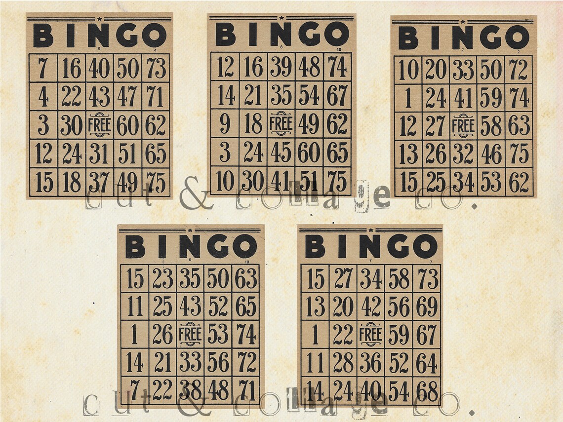 Vintage Printable Aged BINGO Game Cards 5 Designs for Junk - Etsy