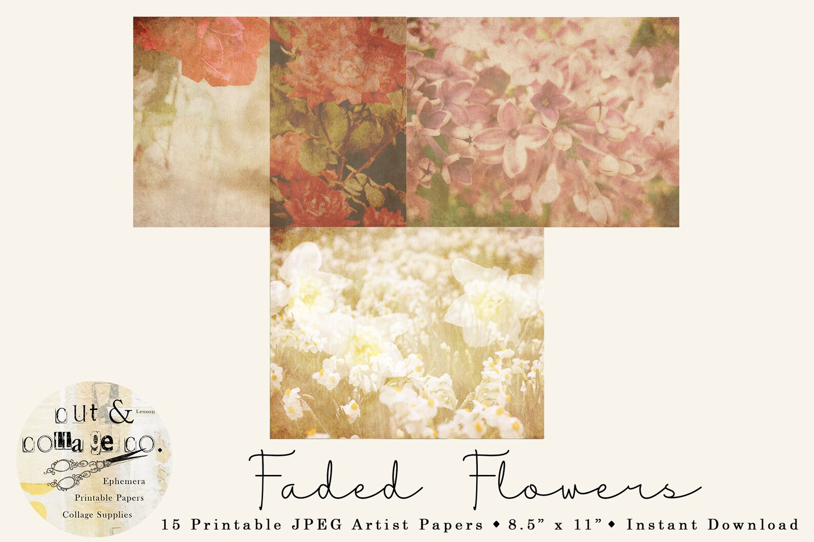 Faded Flowers, 15 Printable JPEG Artist Papers, Distressed Floral Paper ...