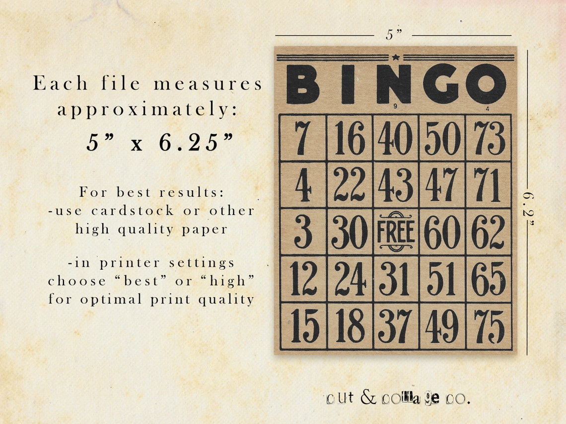 Vintage Printable Aged BINGO Game Cards 5 Designs for Junk - Etsy