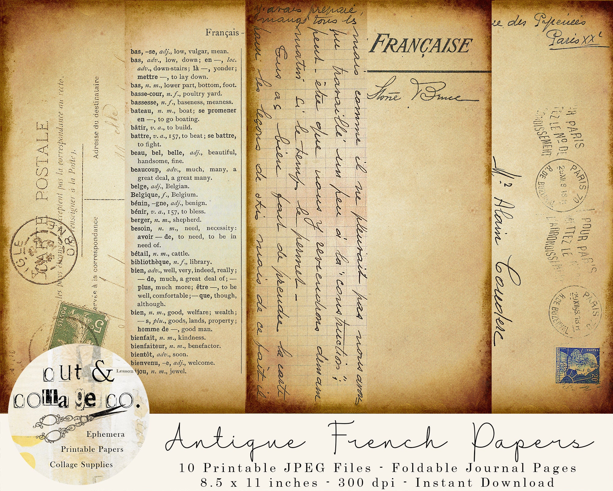 Antique French Papers, 10 Printable JPEG Journal Pages, Foldable ...