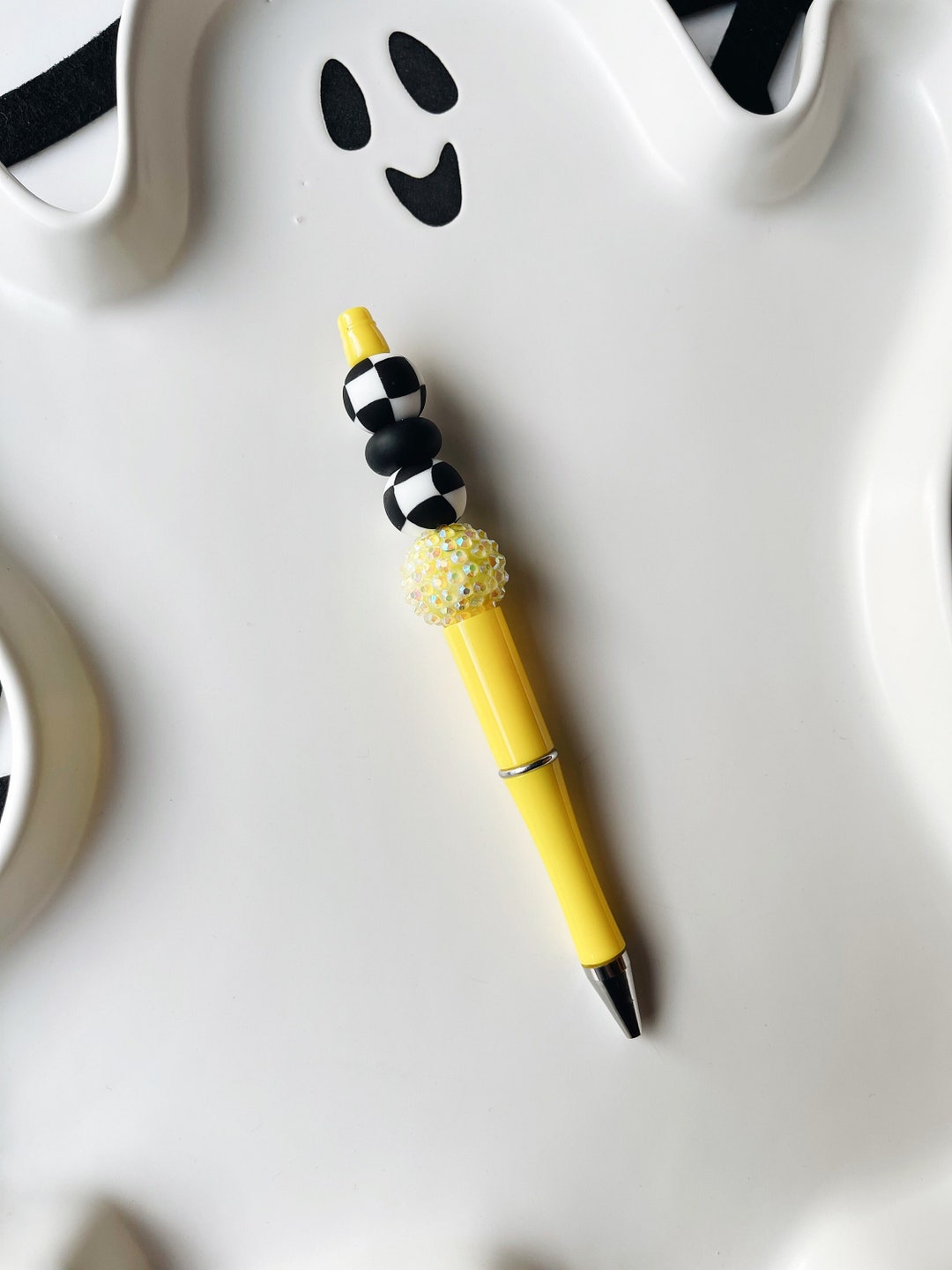 Checkered Yellow Beaded Pen BPA Free Reusable Yellow, Black and White ...