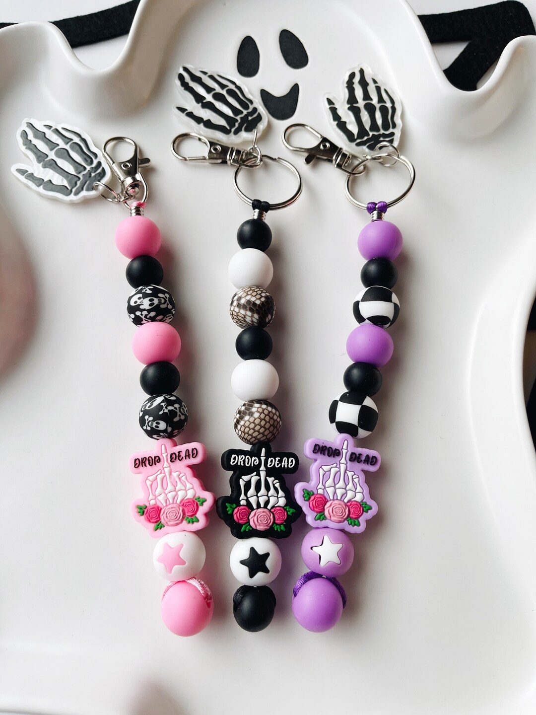 Drop Dead Skellie Beaded Keychain Silicone Beaded Bag Charm Skeleton ...