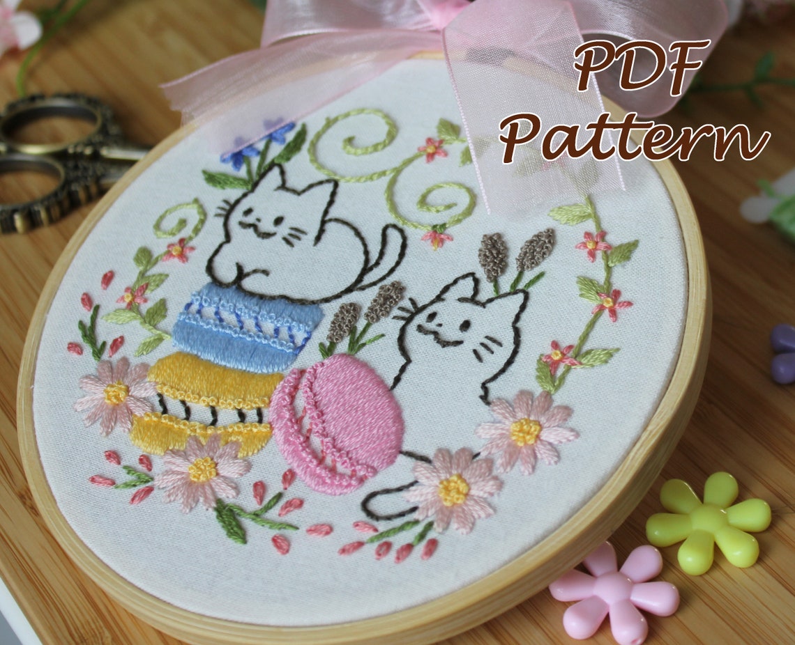 PDF Embroidery Pattern [cats & Macarons] DIY Embroidery Design ...