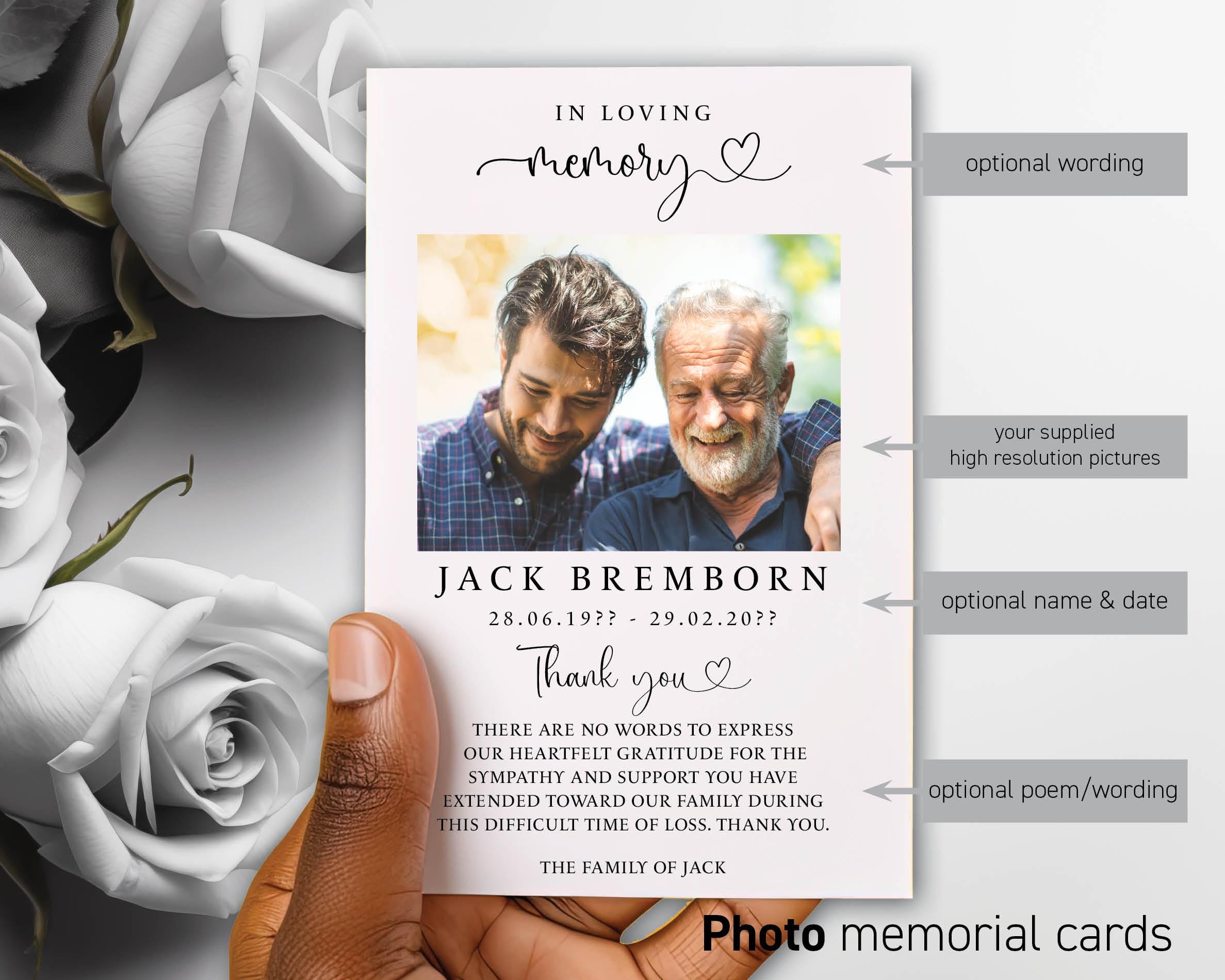 Funeral Thank You Cards With Photo, in Loving Memory Sympathy, Photo ...